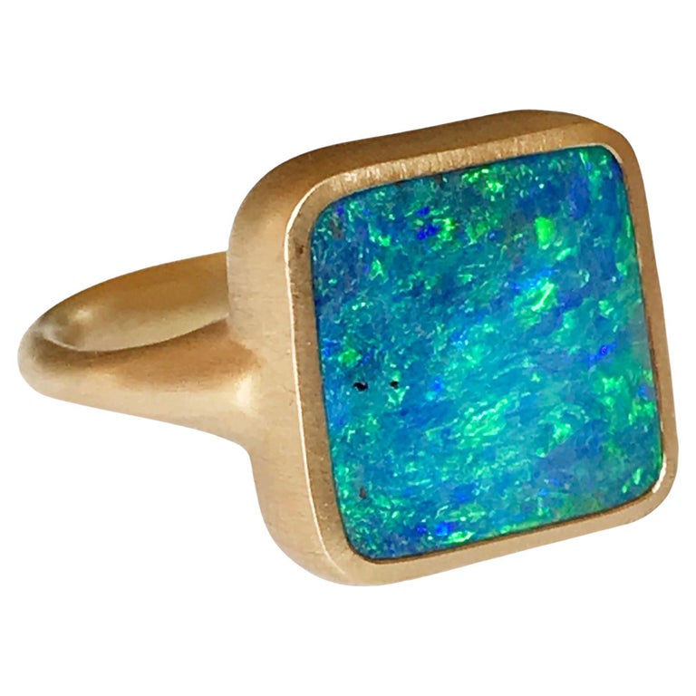 Dalben Blue Green Square Boulder Opal Yellow Gold Ring For Sale at 1stDibs