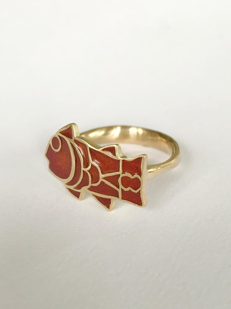 Dalben Fish Shape Red Fire Enamel Yellow Gold Ring For Sale at 1stDibs