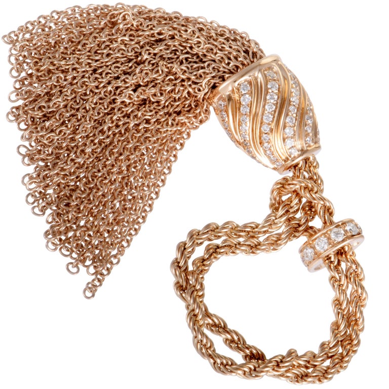 Damiani 18 Karat Rose Gold Diamond Tassel and Chain Lariat Ring Size 9. ...