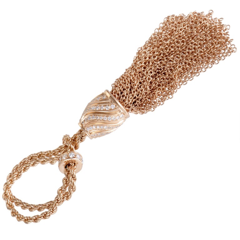 Damiani 18 Karat Rose Gold Diamond Tassel and Chain Lariat Ring Size 9. ...