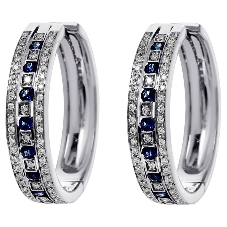 Damiani 18k White Gold, Diamond and Sapphire Huggie Earrings For Sale ...