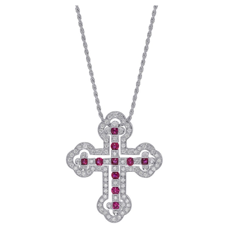 Damiani 18k White Gold, Ruby and Diamond Cross Pendant Necklace For ...