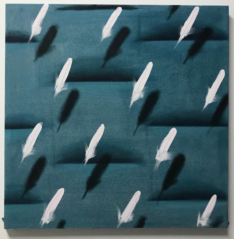 Dan Pelonis - Feathers on Green Relief (patterns teal green square ...