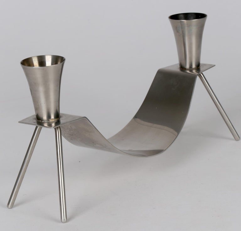 Dana Danish Mid-Century Brushed Stainless Steel Twin Candlestick For ...
