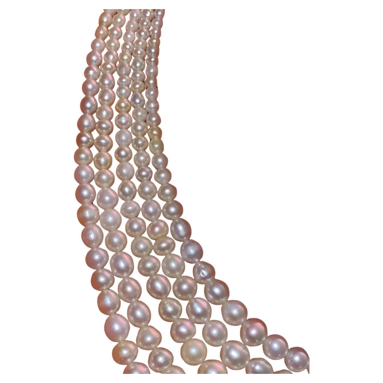 DANAT Certified 5-Row Saltwater Natural Basra Pearls Necklace For Sale ...