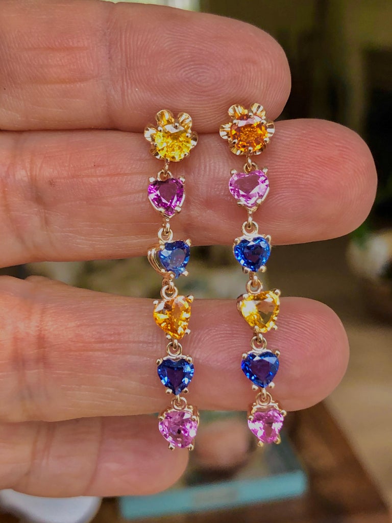 Natural Sapphire Multi-Color Heart Cut Drop Dangle Earrings Gold For ...