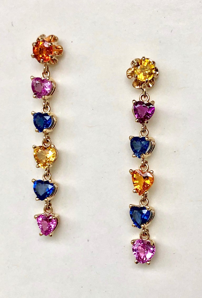 Natural Sapphire Multi-Color Heart Cut Drop Dangle Earrings Gold For ...