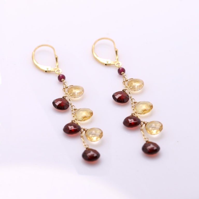 Dangling Earrings Multi Color Semi Precious Gems 14 Karat Yellow Gold ...