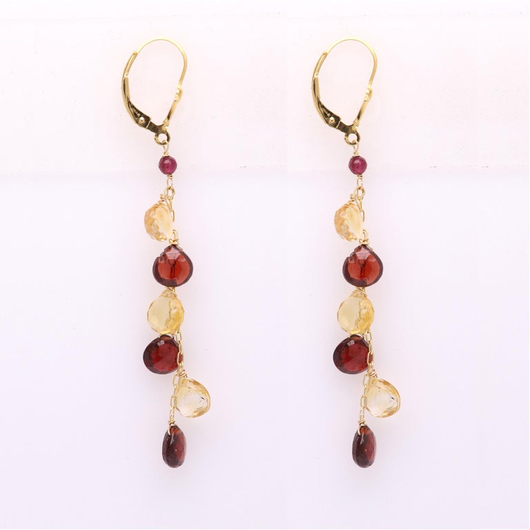 Dangling Earrings Multi Color Semi Precious Gems 14 Karat Yellow Gold ...