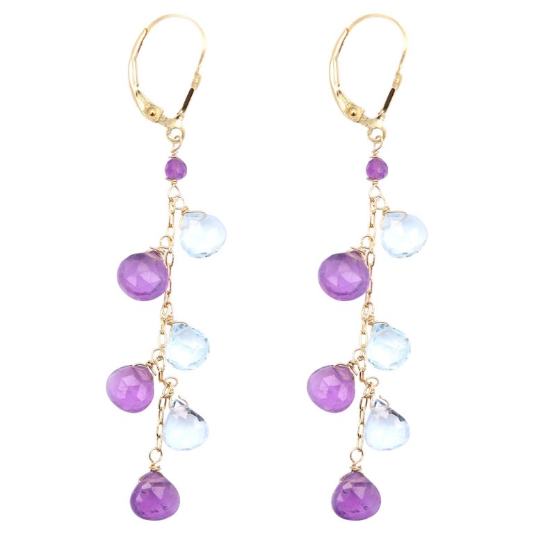 Dangling Earrings Multi Color Semi Precious Gems 14 Karat Yellow Gold ...