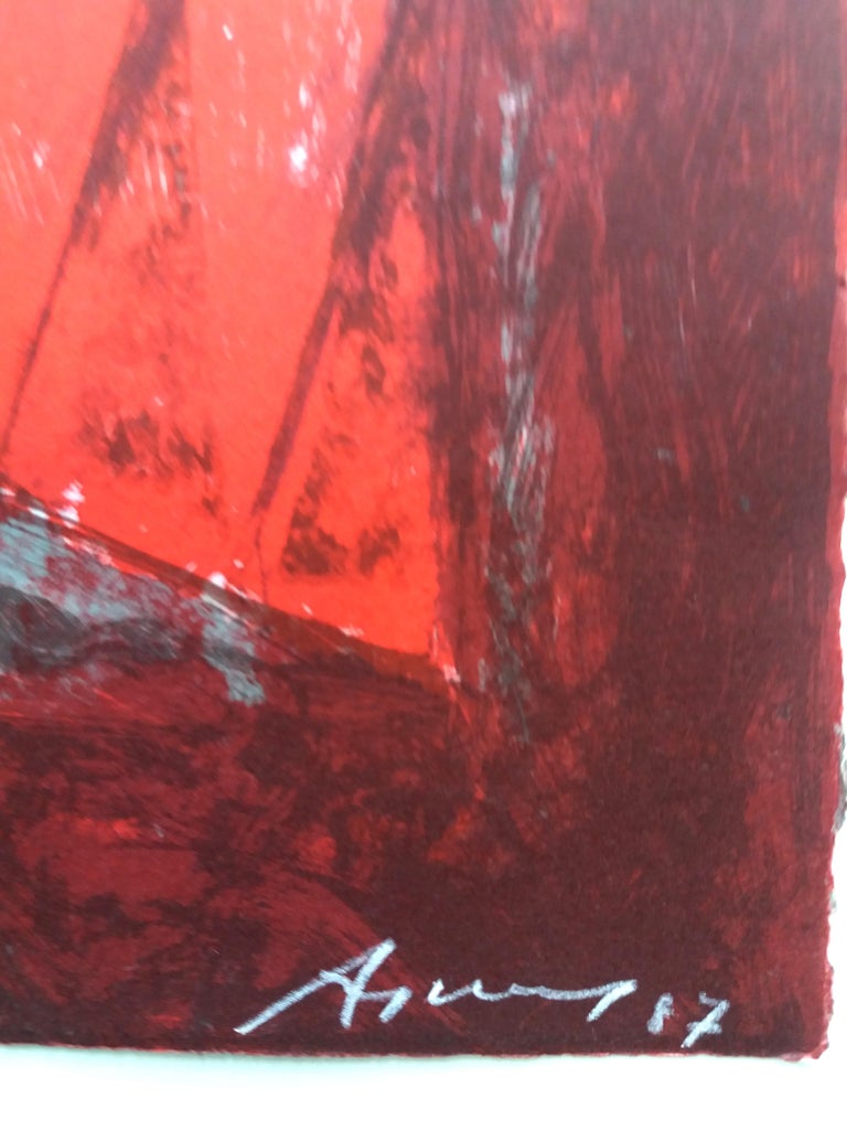 Daniel Argimon - Peinture lithographie d'origine rouge et brune En ...