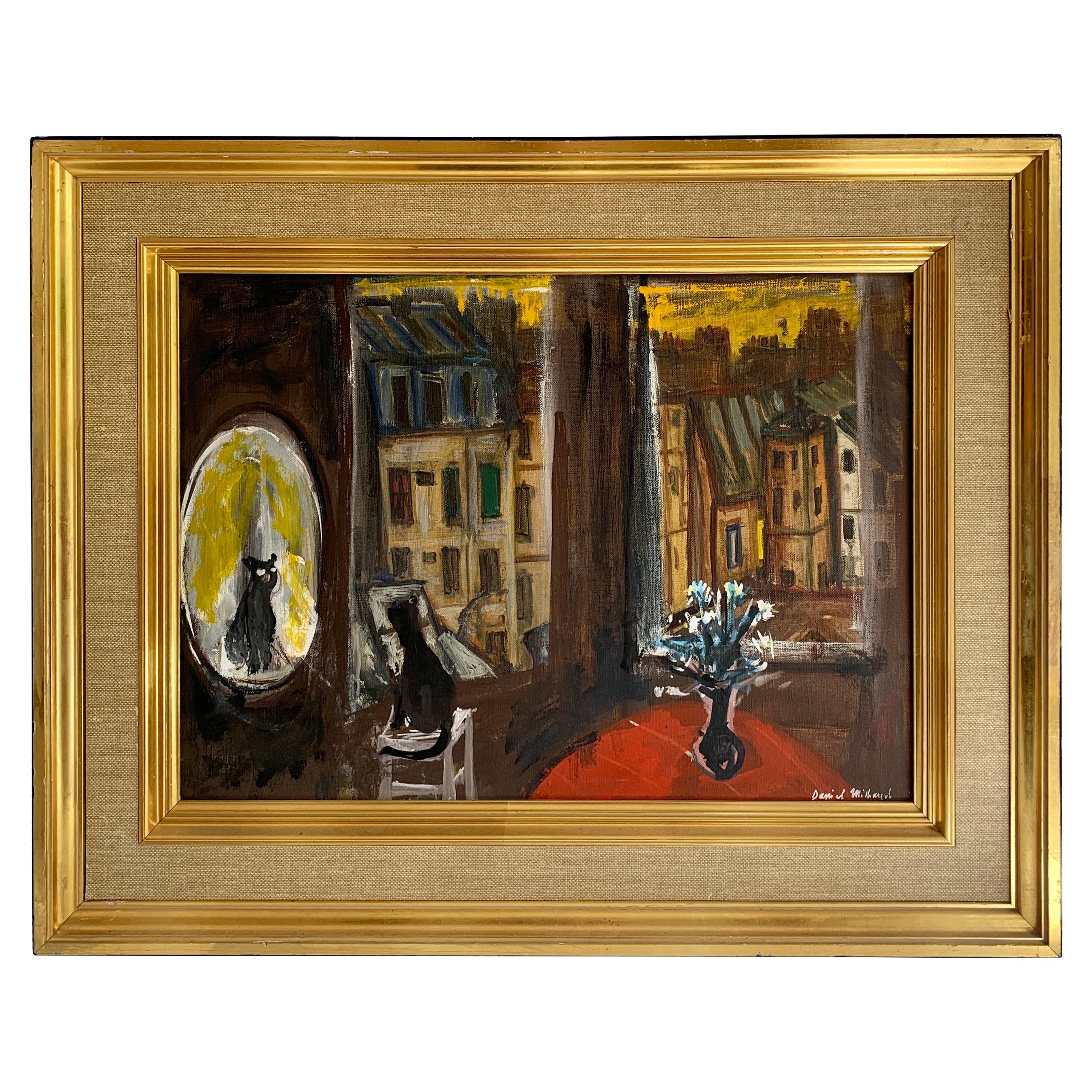 Daniel Mihaud Oil on Canvas Painting of a Cat For Sale at 1stDibs