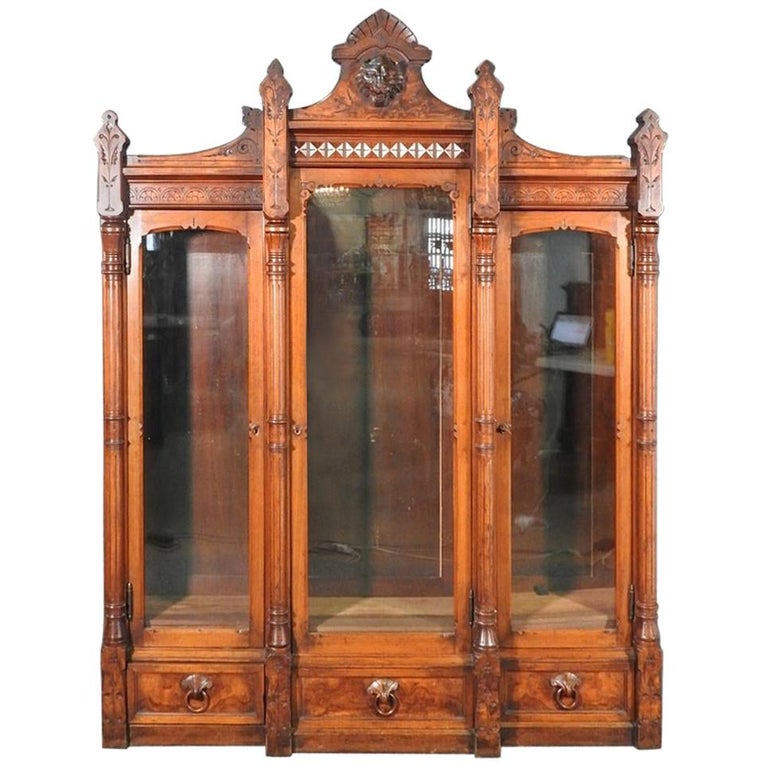 Daniel Pabst Walnut Renaissance Revival Victorian Three-Door Bookcase ...