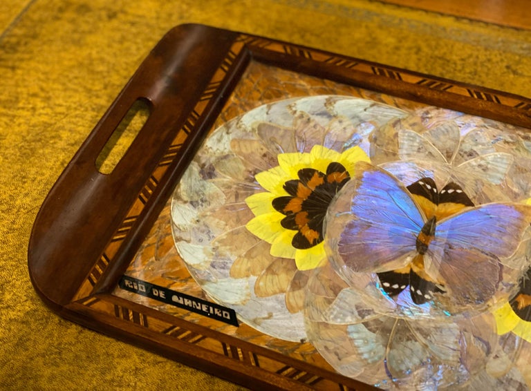DANIEL TEIXEiRA 1940'S BRAZILIAN INLAID TRAY WITH REAL MORPHO BUTTERFLY ...
