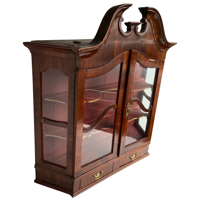Danish 18th Century Walnut Veneer Wall Vitrine Display Case For Sale at ...