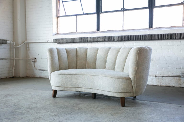 Danish 1940s Curved Banana Shape Loveseat in White Wool with Channel in ...