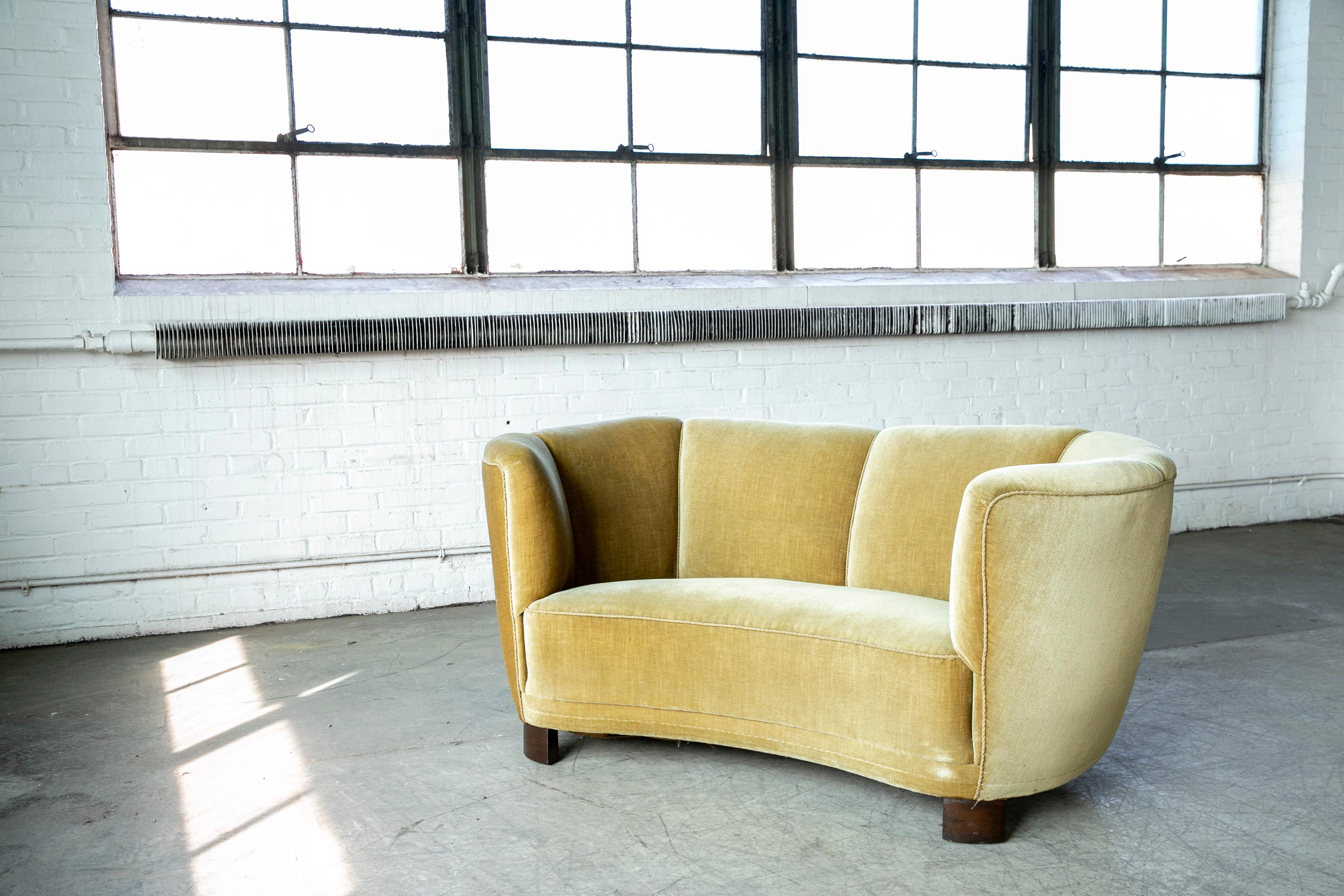 Danish 1940s Curved Banana Shape Loveseat in Yellow Mohair at 1stDibs