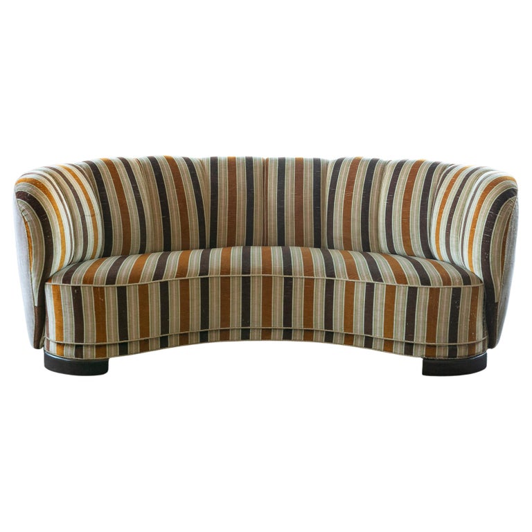 Danish 1940's Large Banana Form Curved Sofa in Striped Fabric at 1stDibs