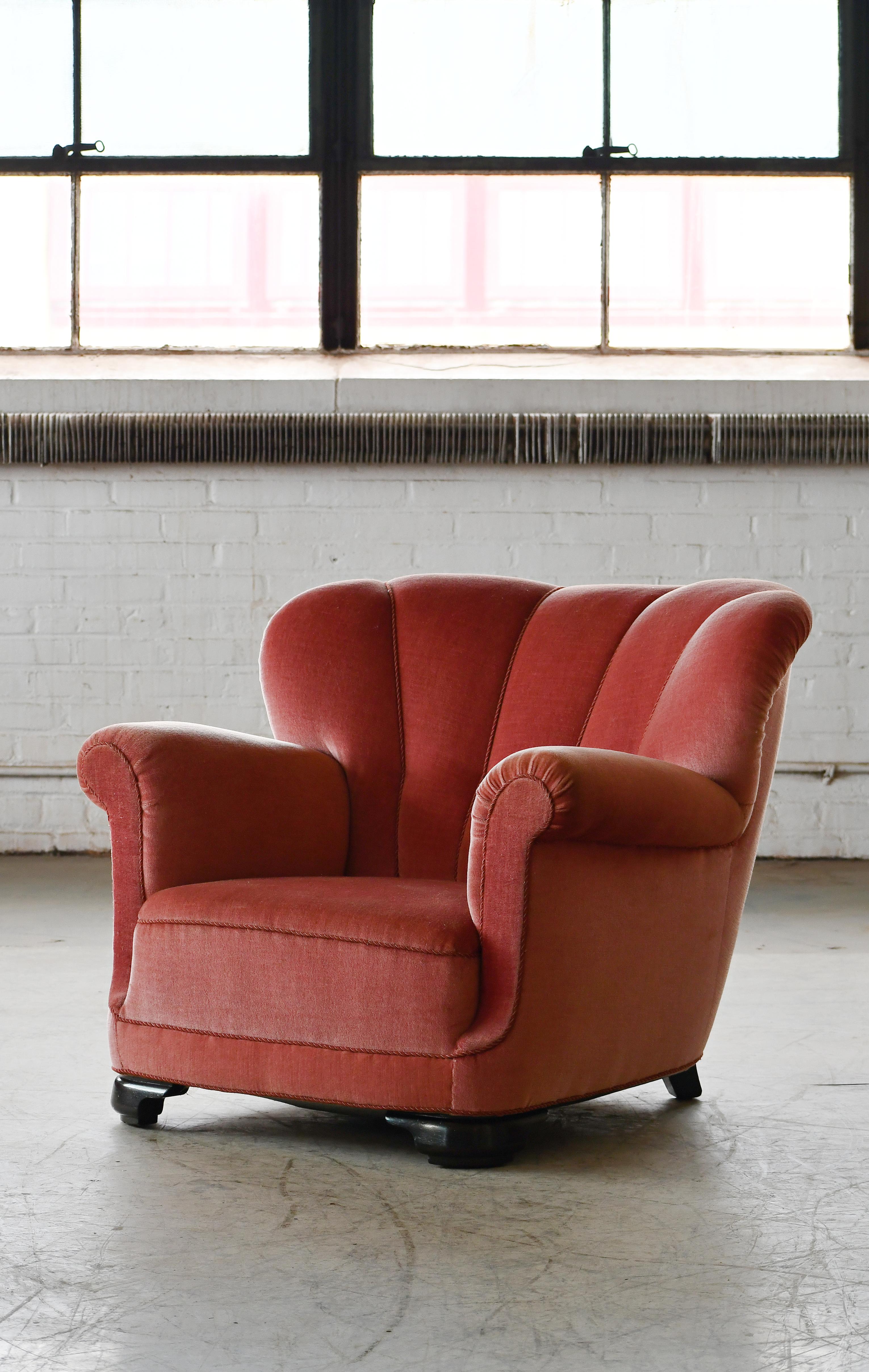 Danish 1940s Large Channel Back Club Chair in Pink Mohair at 1stDibs