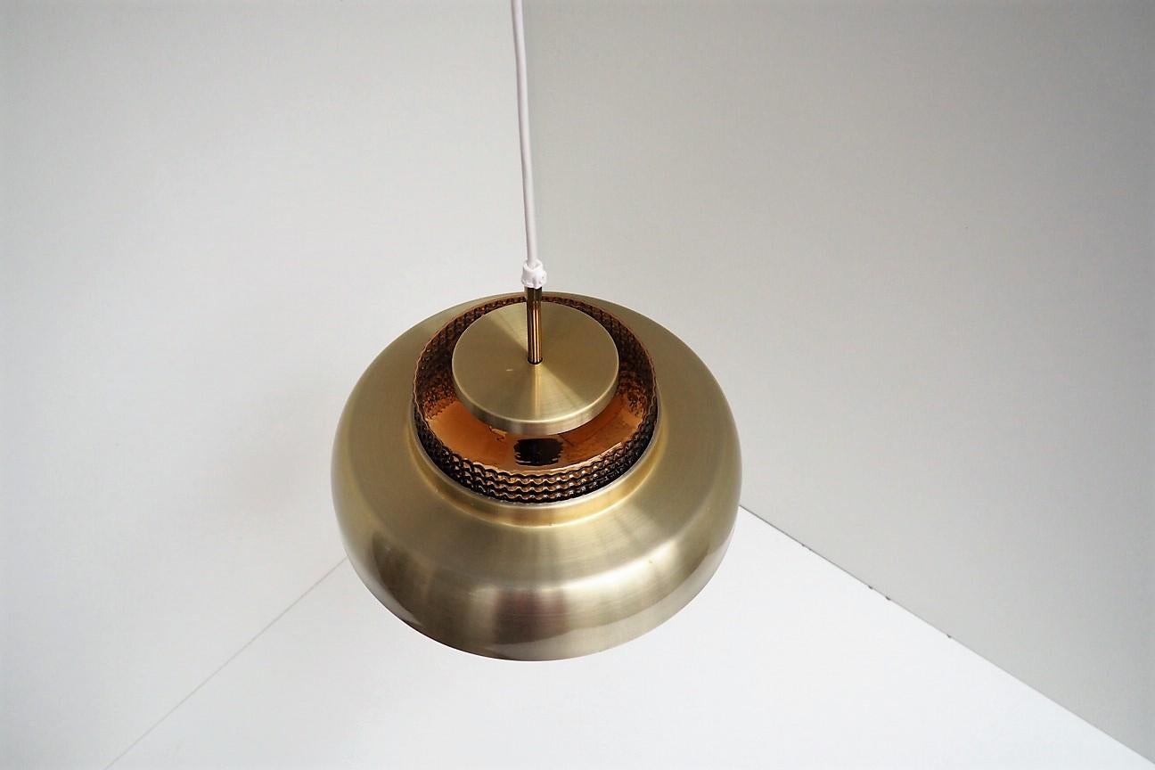 Danish Amber Colored Glass Light with Brass Colored Shade, 1960s at 1stDibs
