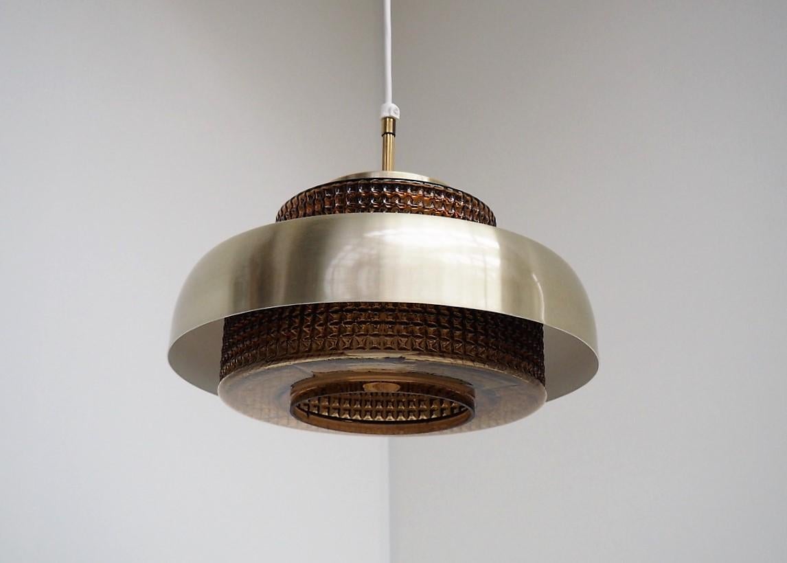 Danish Amber Colored Glass Light with Brass Colored Shade, 1960s at 1stDibs