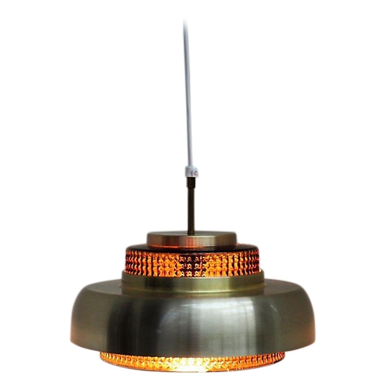Danish Amber Colored Glass Light with Brass Colored Shade, 1960s at 1stDibs