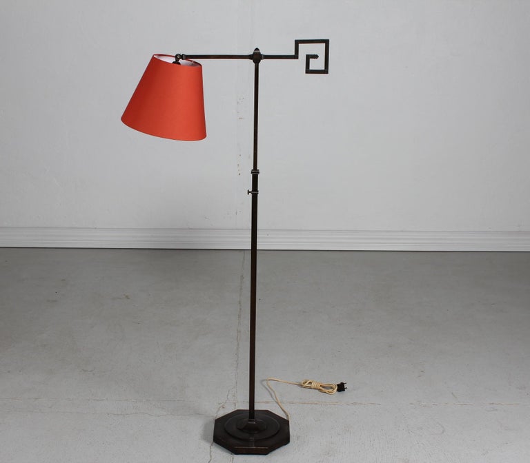 Danish Art Deco Floor Lamp 1930s of Dark Brown Bras with New Orange Red ...
