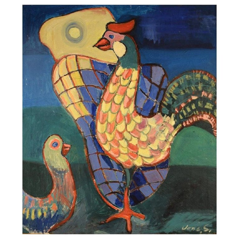 Danish Artist, Oil on Canvas, "Rooster and chicken", Mid-20th Century ...