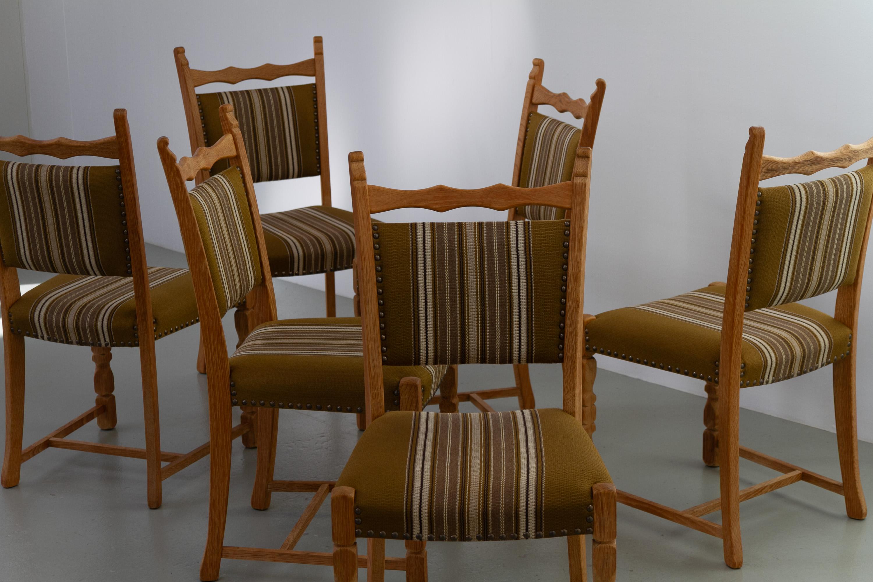 Danish Brutalist Oak Dining Chairs by Henning Kjærnulf, 1970s. Set of 6 ...