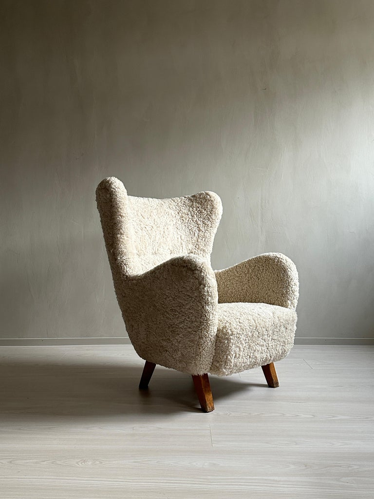 Danish Cabinetmaker Lounge Chair in Sheepskin, Denmark, 1940s at 1stDibs