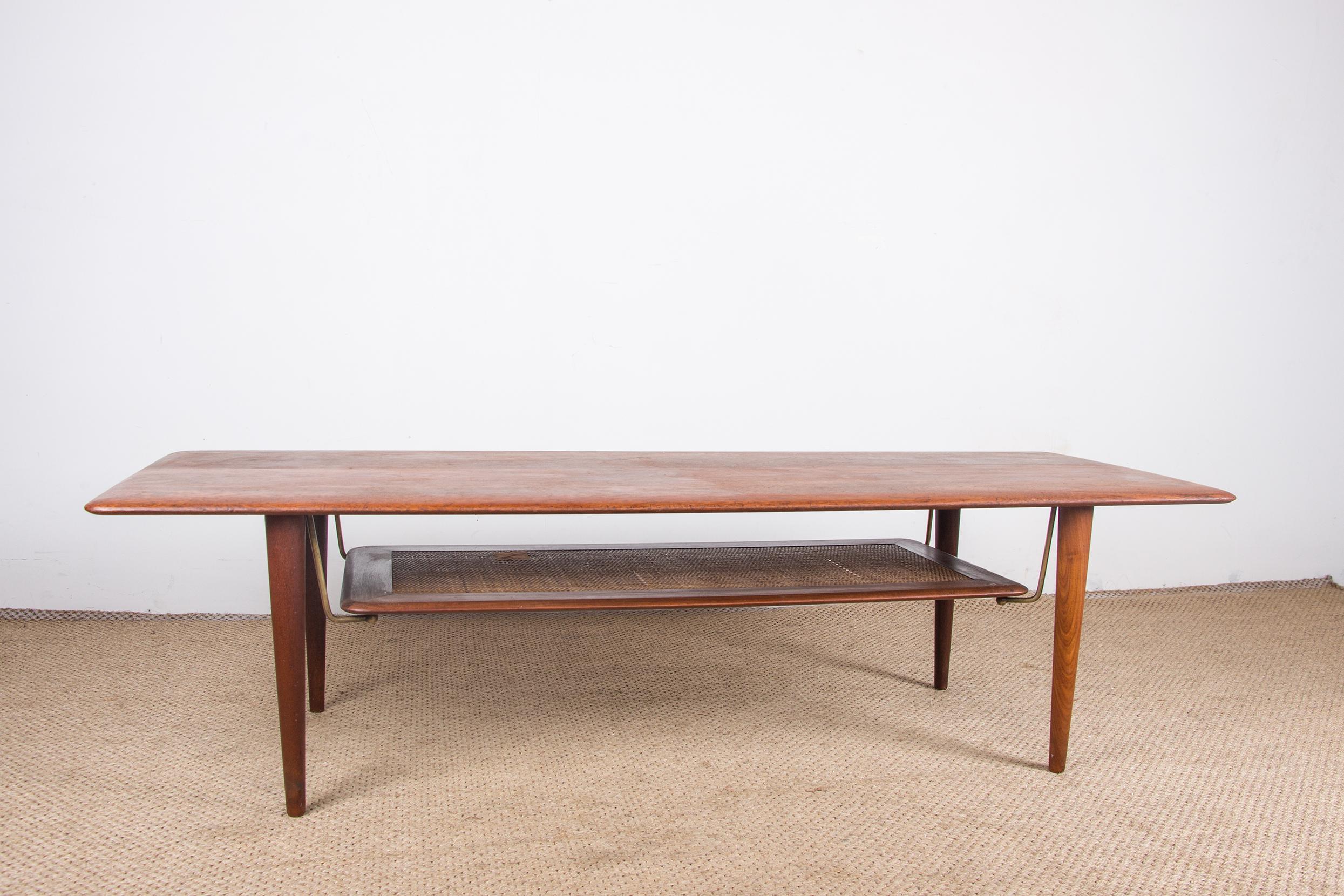 Danish Coffee Table, 2 Levels, in Caned Teak and Brass, Model FD516 ...