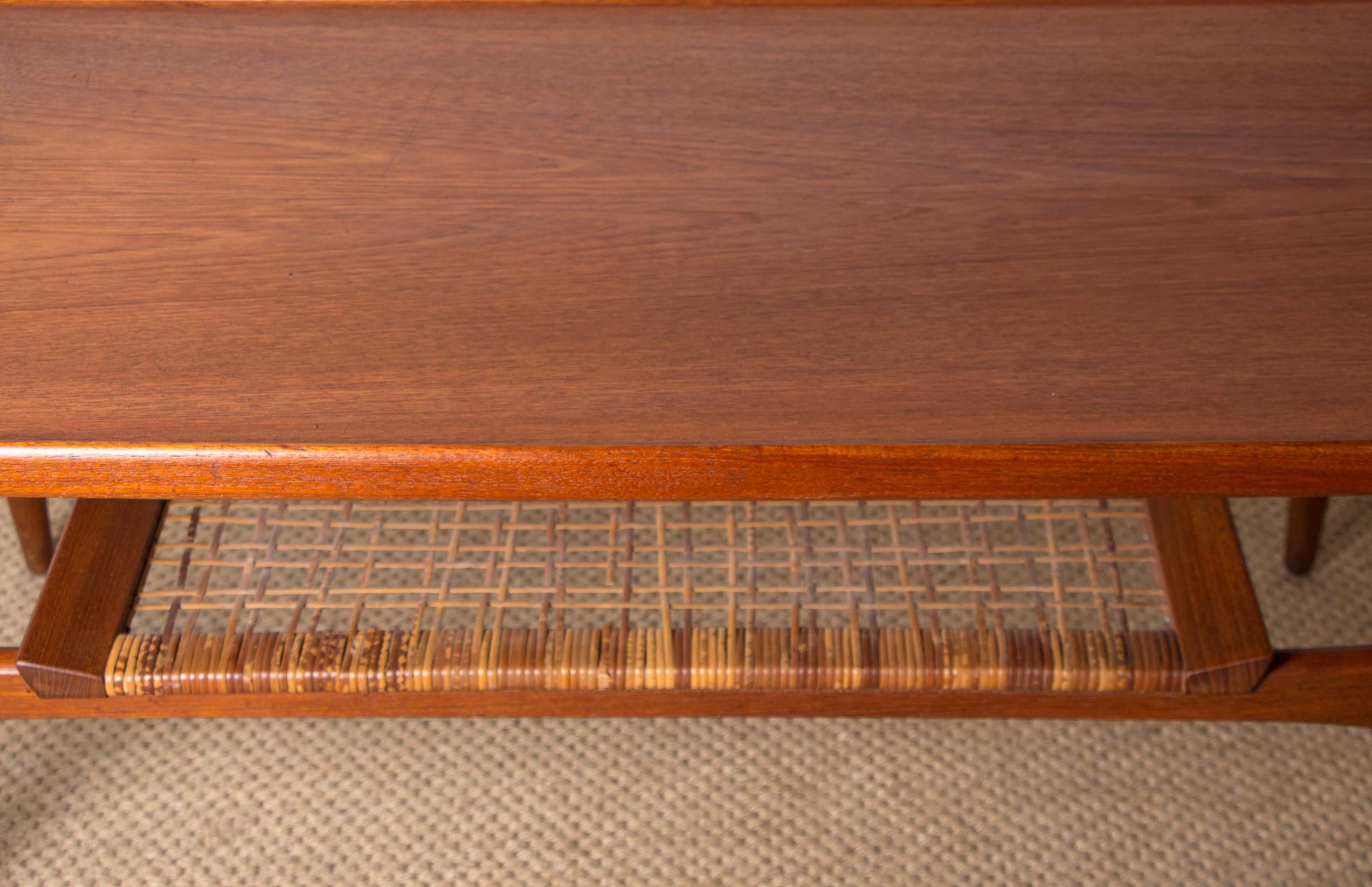 Danish coffee table, 2 levels, in Teak and Rattan by K.T. Mobler 1960 ...