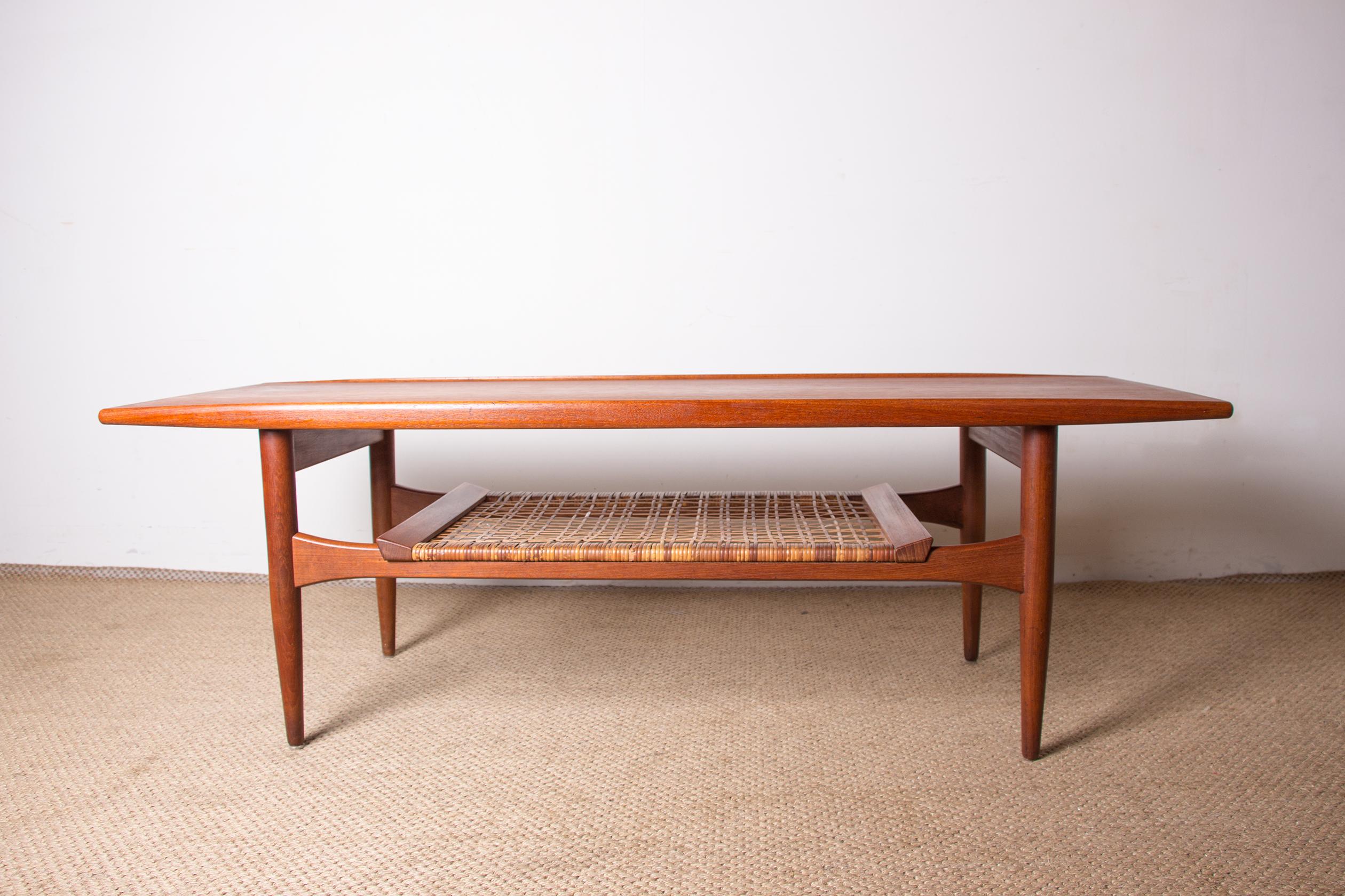 Danish coffee table, 2 levels, in Teak and Rattan by K.T. Mobler 1960 ...