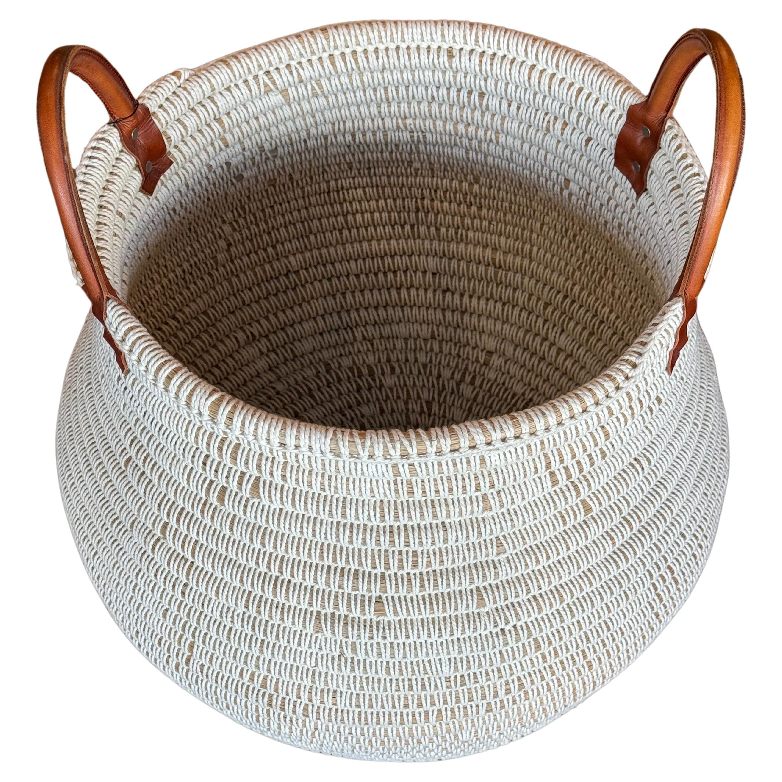 Danish Cord and Leather Handled Basket For Sale at 1stDibs