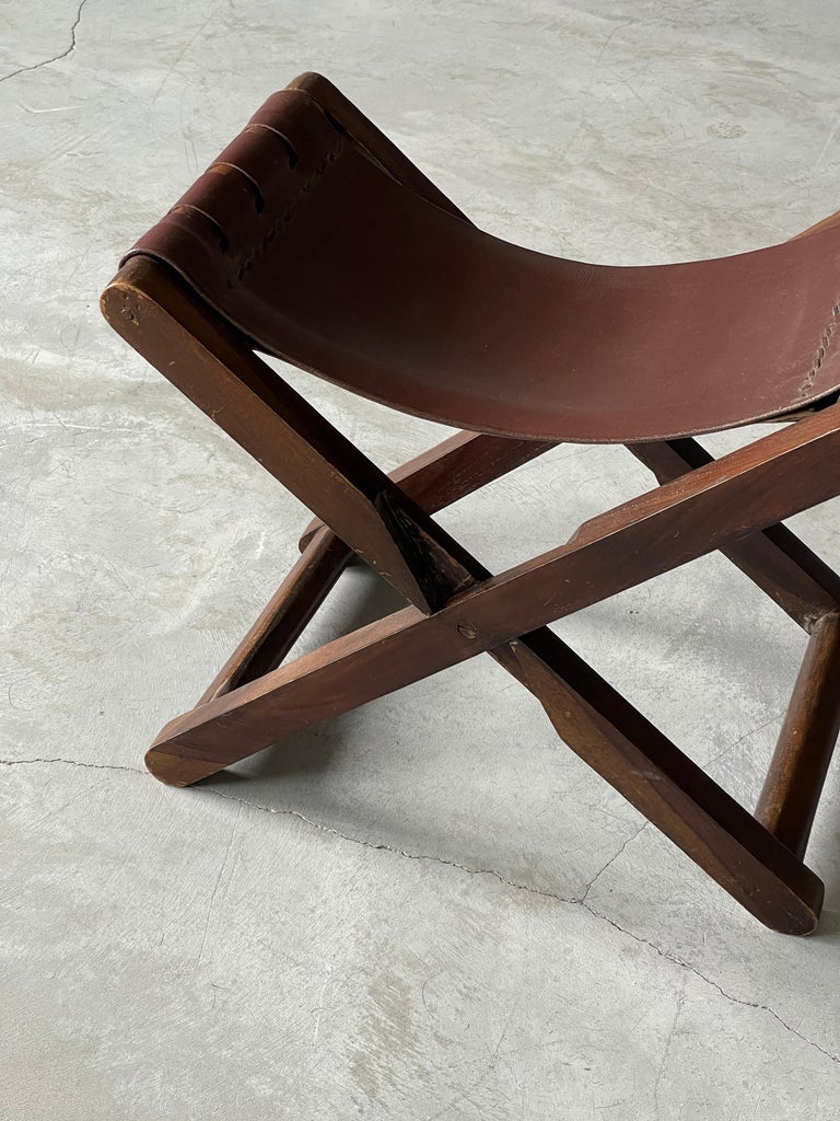 Danish Designer, Foldable Stool, Leather, Stained Wood, Denmark, 1940s ...