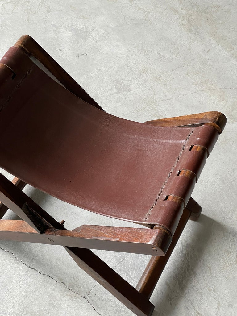 Danish Designer, Foldable Stool, Leather, Stained Wood, Denmark, 1940s ...