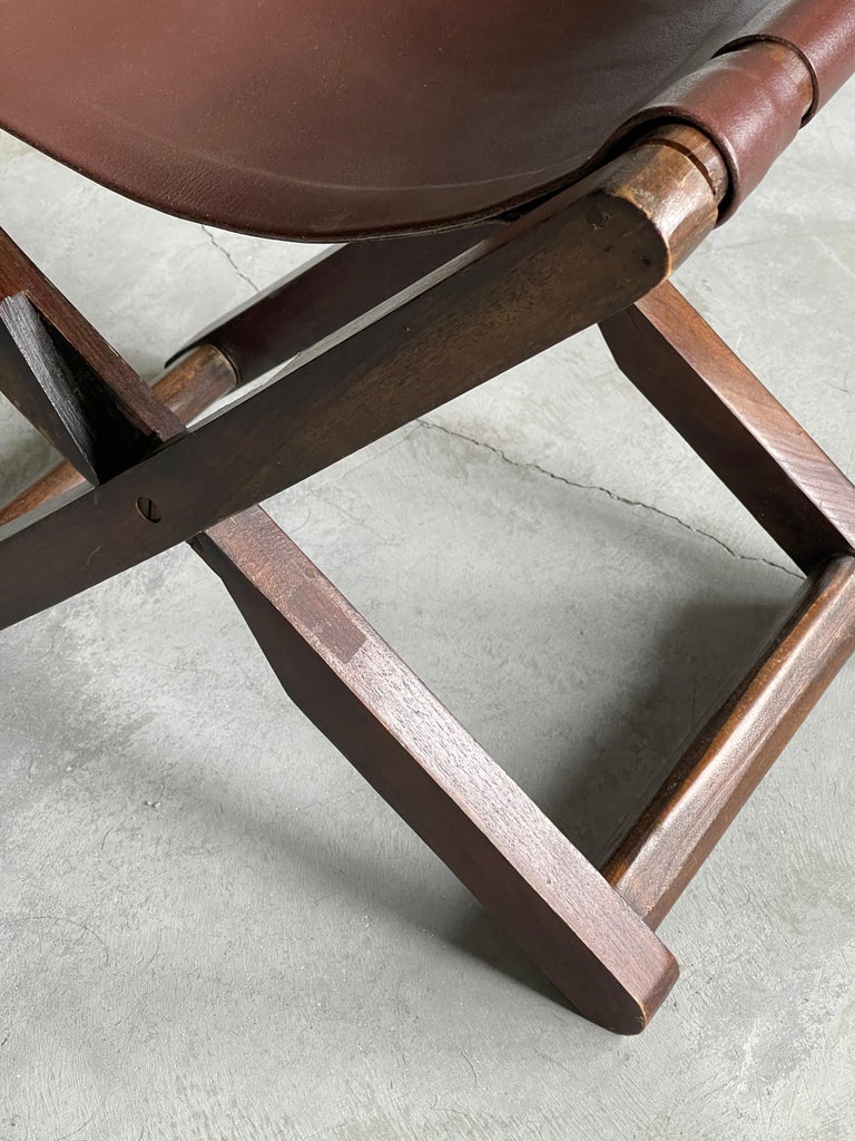 Danish Designer, Foldable Stool, Leather, Stained Wood, Denmark, 1940s ...