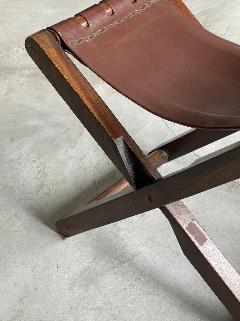 Danish Designer, Foldable Stool, Leather, Stained Wood, Denmark, 1940s ...