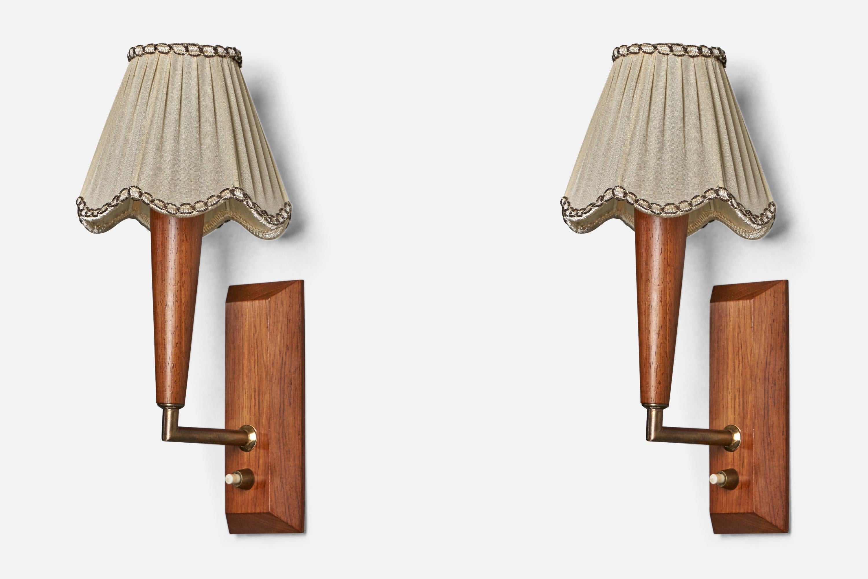 Danish Designer, Wall Lights, Brass, Teak, Fabric, Denmark, 1940s For ...