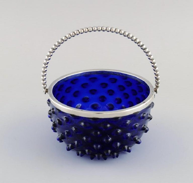Danish Glass Art, Bonbonniere in Blue Art Glass with Silver Mounting ...