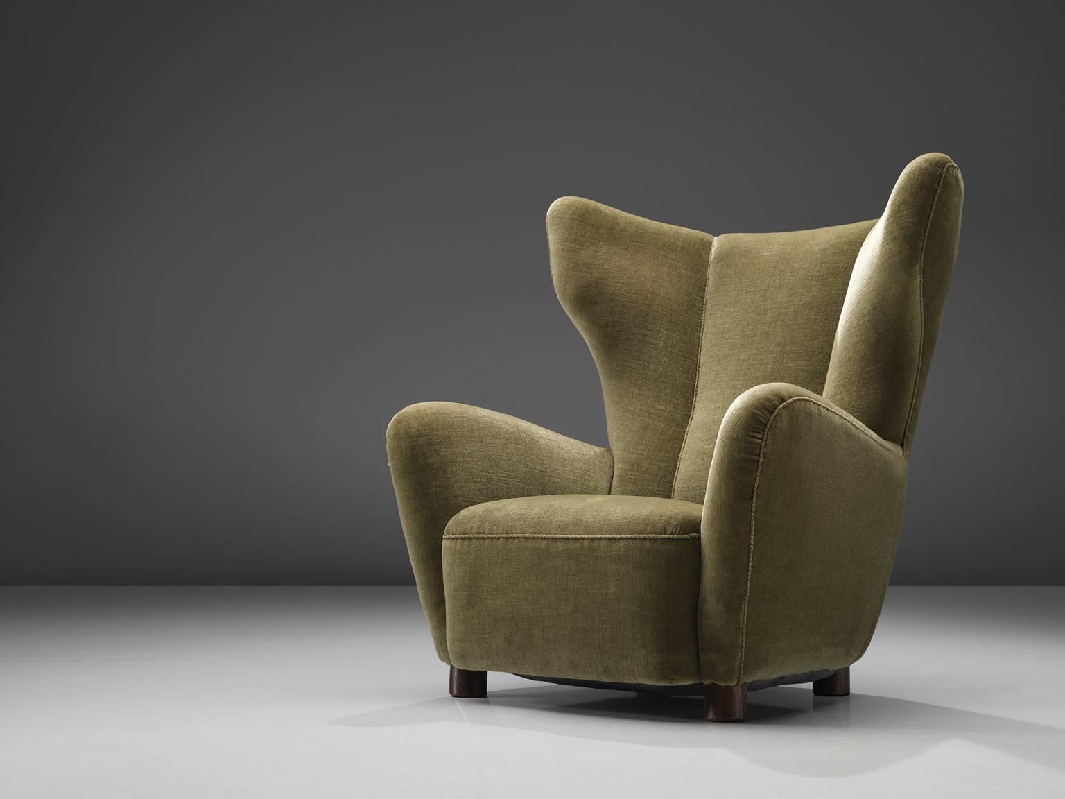 Danish Green Velvet Wingback Chair at 1stDibs