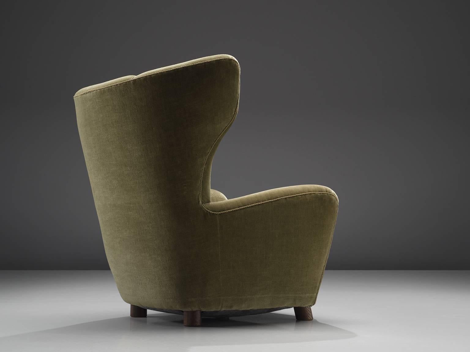 Danish Green Velvet Wingback Chair For Sale at 1stDibs