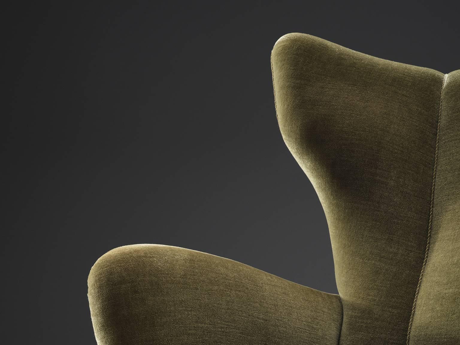 Danish Green Velvet Wingback Chair For Sale at 1stDibs