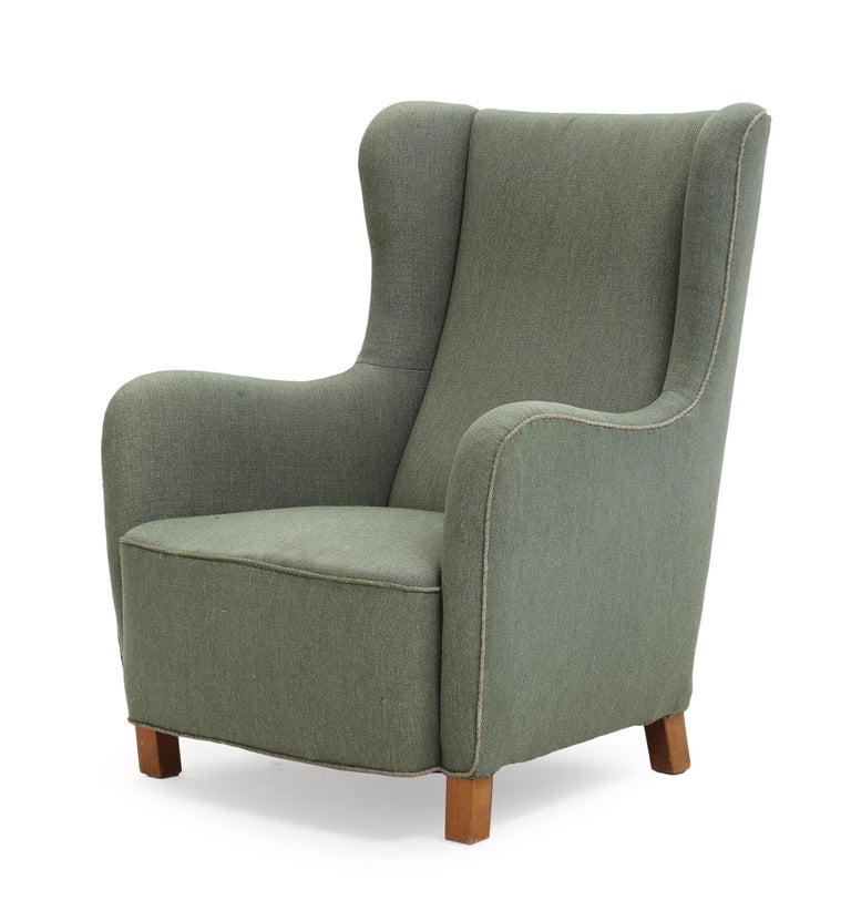 Danish Green Wool Easy Chair with Beech Wood Legs at 1stDibs