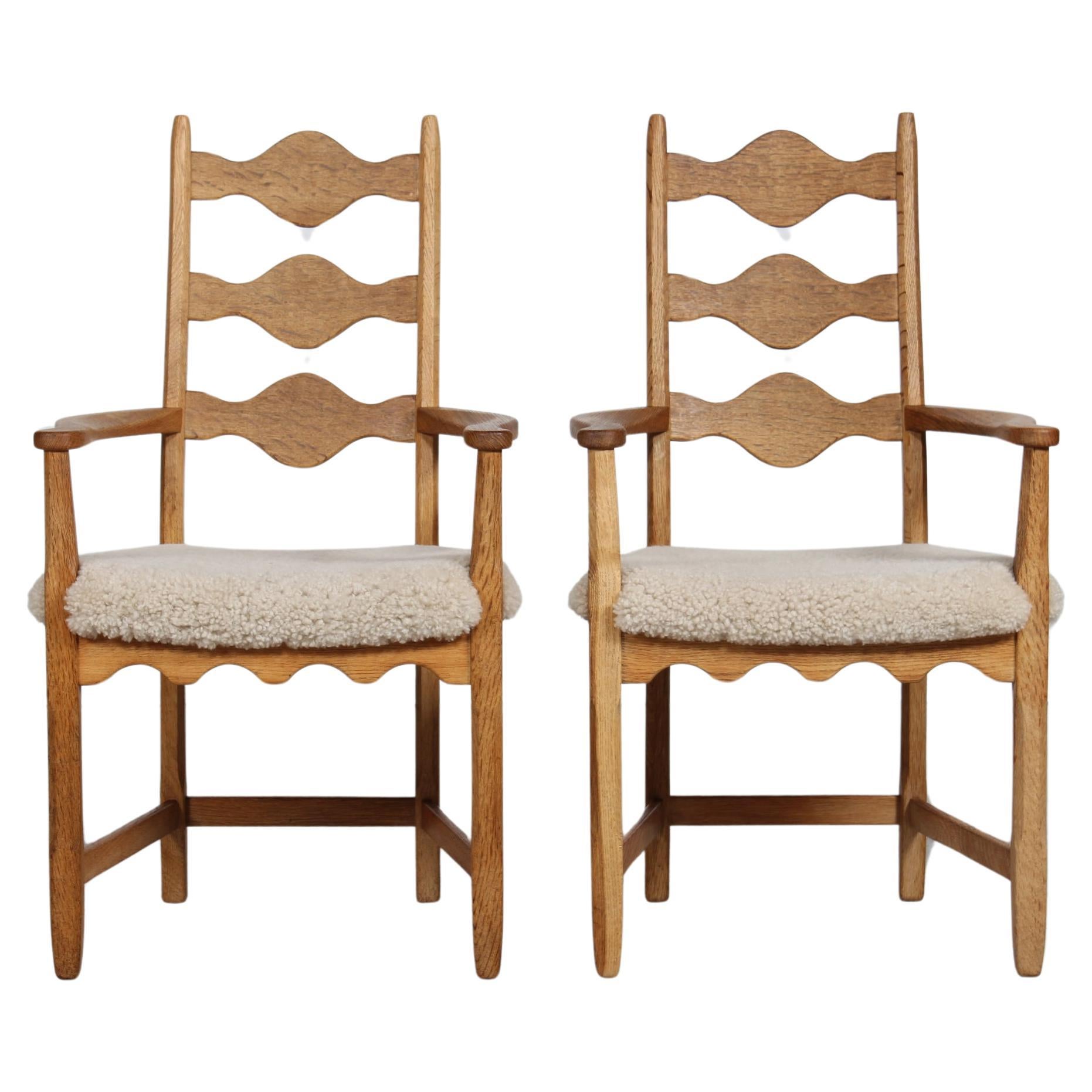 Danish Henning Kjærnulf Pair Razor Blade Armchairs Solid Oak + Sheep ...