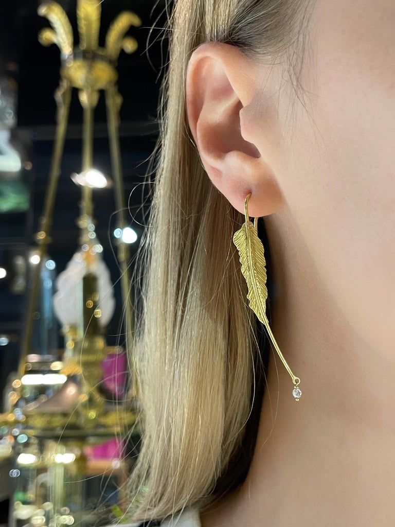 Danish Lene Vibe 18 Karat Gold Diamond Bead Feather Dangle Earrings For ...