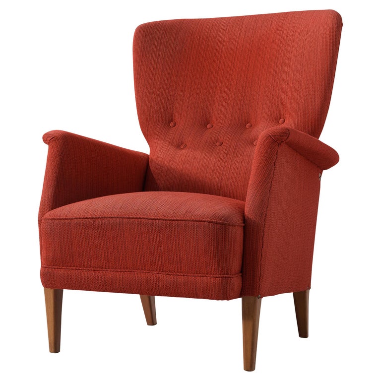 Danish Lounge Chair in Red Upholstery For Sale at 1stDibs