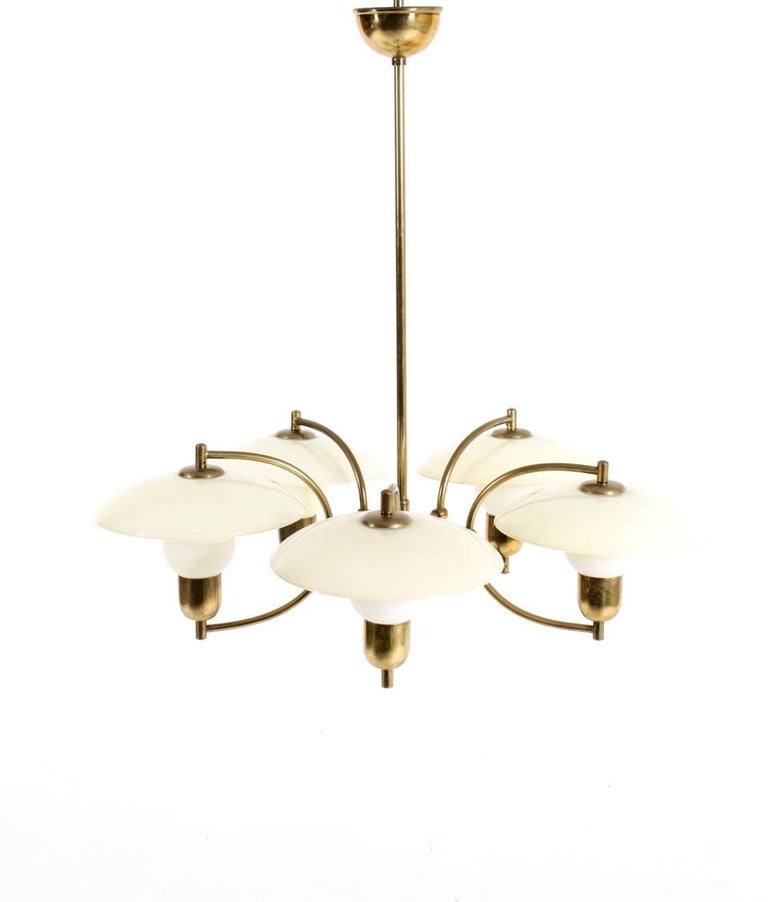 Danish Midcentury Chandelier in Brass and Glass Designed by Ernst Voss ...