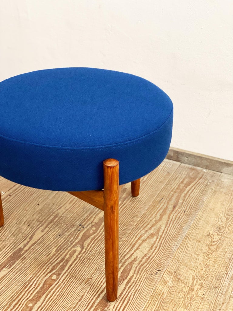 Danish Mid-Century Design Teak Stool or Round Foot Rest with Blue ...