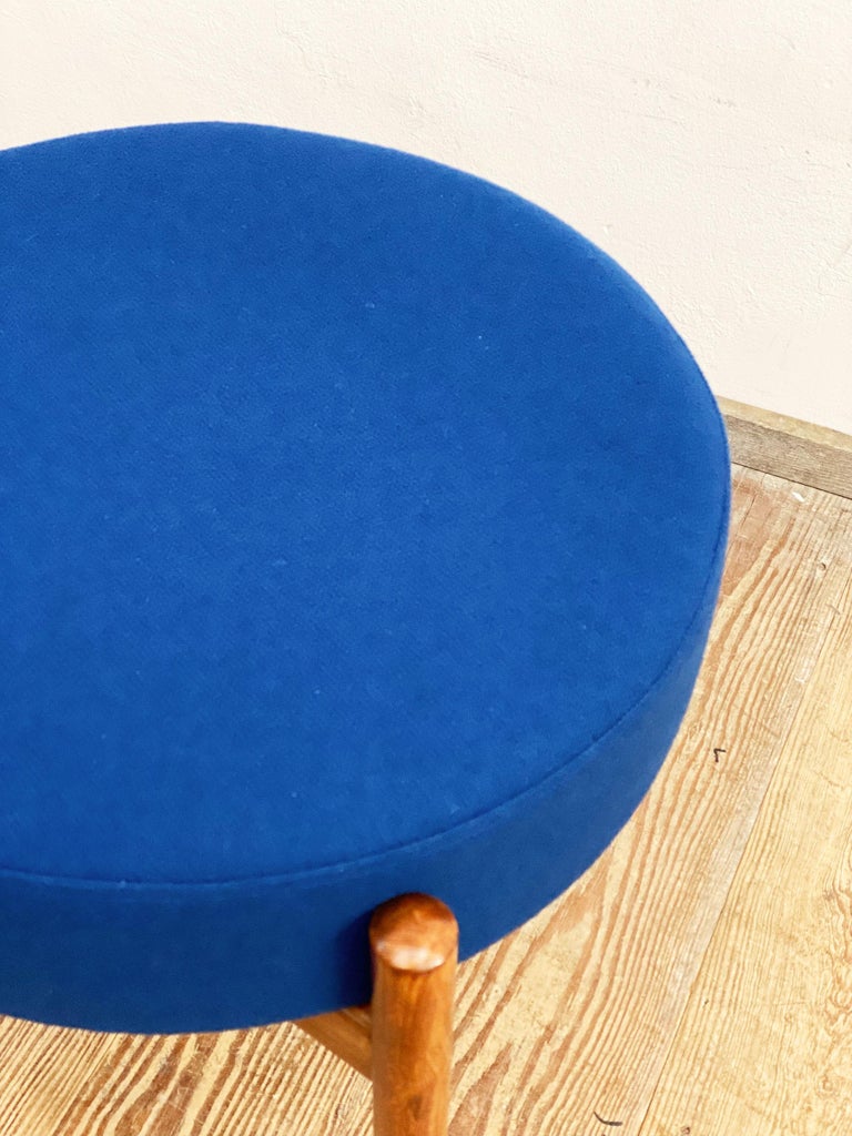Danish Mid-Century Design Teak Stool or Round Foot Rest with Blue ...